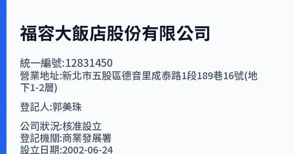 福容大飯店股份有限公司的照片-統編 12831450(新北市) 公司登記資料與營業項目詳細圖表