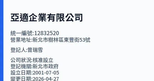 亞適企業有限公司的照片-統編 12832520(新北市) 公司登記資料與營業項目詳細圖表