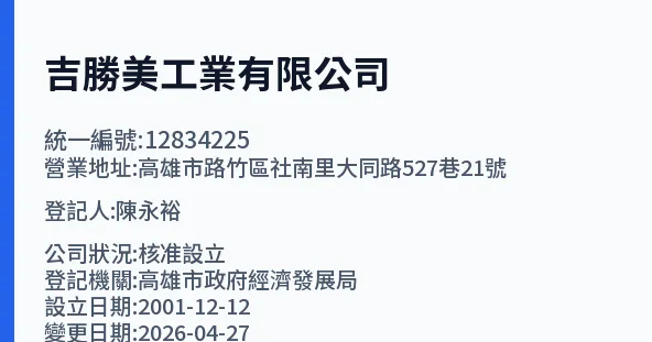 吉勝美工業有限公司的照片-統編 12834225(高雄市) 公司登記資料與營業項目詳細圖表