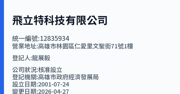飛立特科技有限公司的照片-統編 12835934(高雄市) 公司登記資料與營業項目詳細圖表