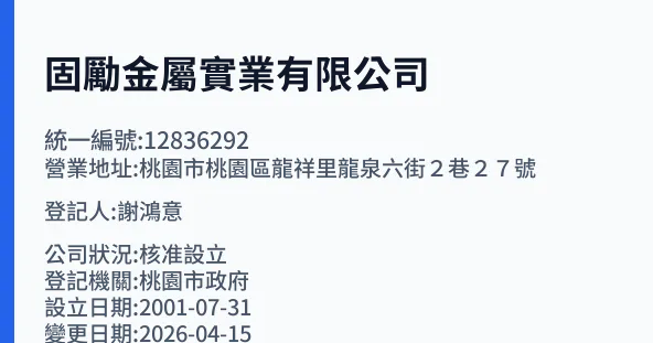 固勵金屬實業有限公司的照片-統編 12836292(桃園市) 公司登記資料與營業項目詳細圖表