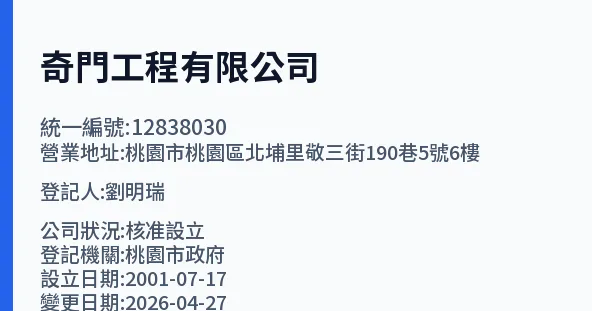 奇門工程有限公司的照片-統編 12838030(桃園市) 公司登記資料與營業項目詳細圖表