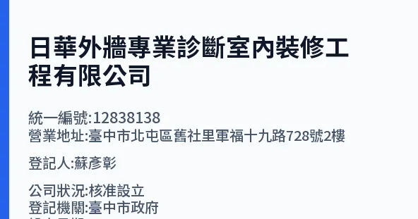 日華外牆專業診斷室內裝修工程有限公司的照片-統編 12838138(臺中市) 公司登記資料與營業項目詳細圖表