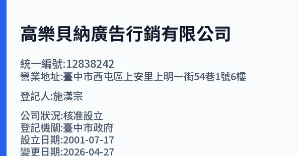 高樂貝納廣告行銷有限公司的照片-統編 12838242(臺中市) 公司登記資料與營業項目詳細圖表