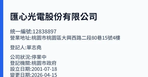 匯心光電股份有限公司的照片-統編 12838897(桃園市) 公司登記資料與營業項目詳細圖表