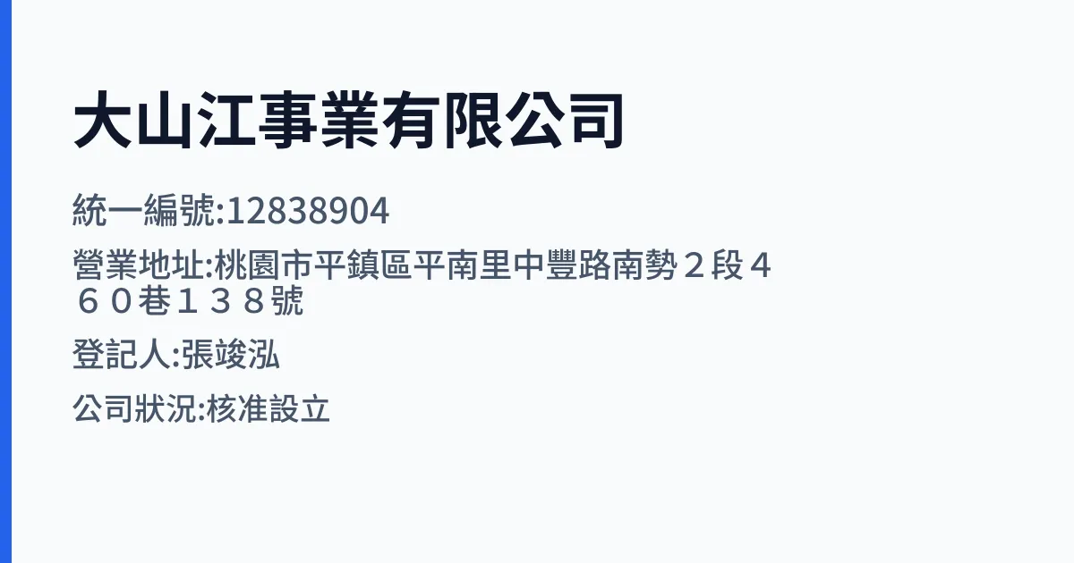 大山江事業有限公司 - 統編 12838904(桃園市) 公司登記資料與營業項目詳細圖表