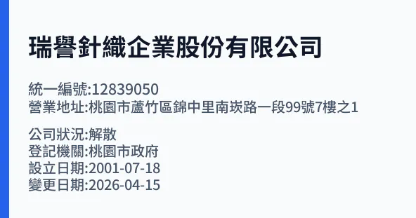 瑞譽針織企業股份有限公司的照片-統編 12839050(桃園市) 公司登記資料與營業項目詳細圖表