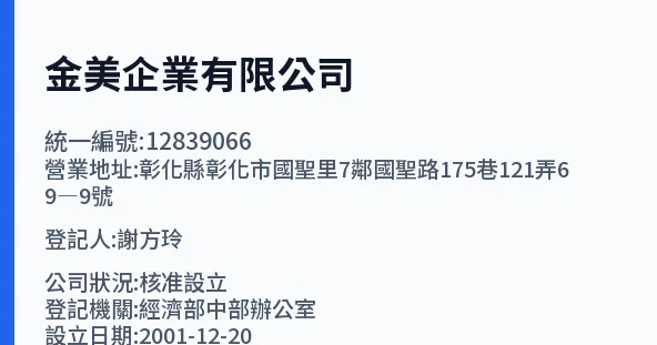 金美企業有限公司的照片-統編 12839066(彰化縣) 公司登記資料與營業項目詳細圖表