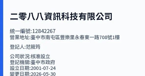 二零八八資訊科技有限公司的照片-統編 12842267(臺中市) 公司登記資料與營業項目詳細圖表