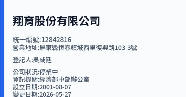 翔育股份有限公司的照片-統編 12842816(屏東縣) 公司登記資料與營業項目詳細圖表