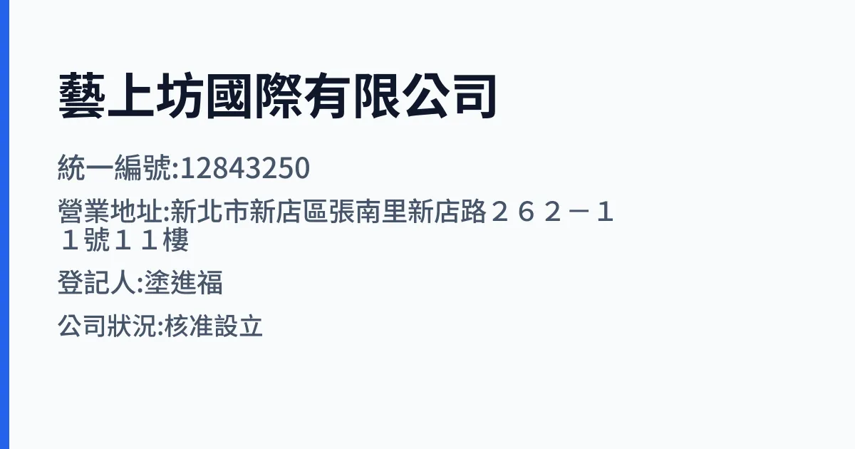 藝上坊國際有限公司 - 統編 12843250(新北市) 公司登記資料與營業項目詳細圖表