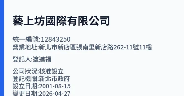 藝上坊國際有限公司的照片-統編 12843250(新北市) 公司登記資料與營業項目詳細圖表
