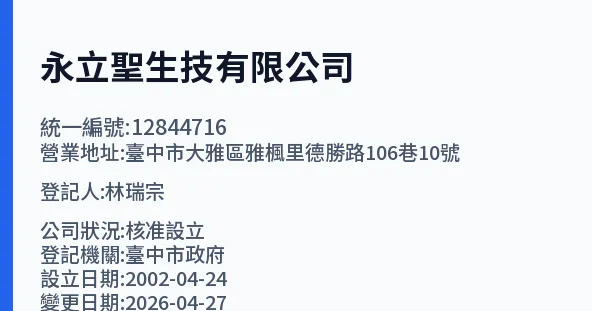 永立聖生技有限公司的照片-統編 12844716(臺中市) 公司登記資料與營業項目詳細圖表
