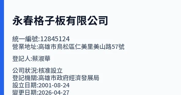 永春格子板有限公司的照片-統編 12845124(高雄市) 公司登記資料與營業項目詳細圖表