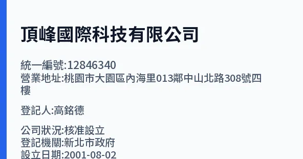 頂峰國際科技有限公司的照片-統編 12846340(桃園市) 公司登記資料與營業項目詳細圖表