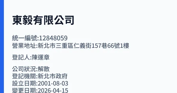 東毅有限公司的照片-統編 12848059(新北市) 公司登記資料與營業項目詳細圖表