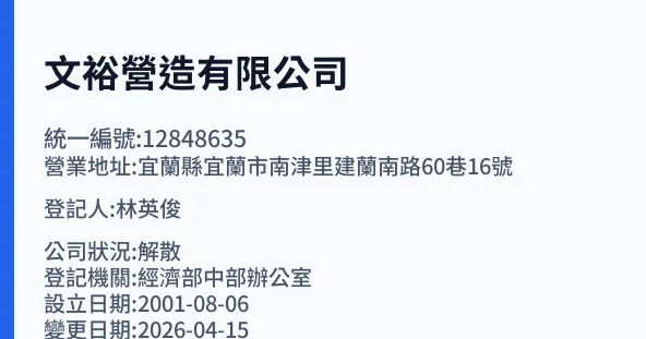 文裕營造有限公司的照片-統編 12848635(宜蘭縣) 公司登記資料與營業項目詳細圖表