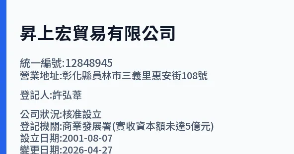 昇上宏貿易有限公司的照片-統編 12848945(彰化縣) 公司登記資料與營業項目詳細圖表