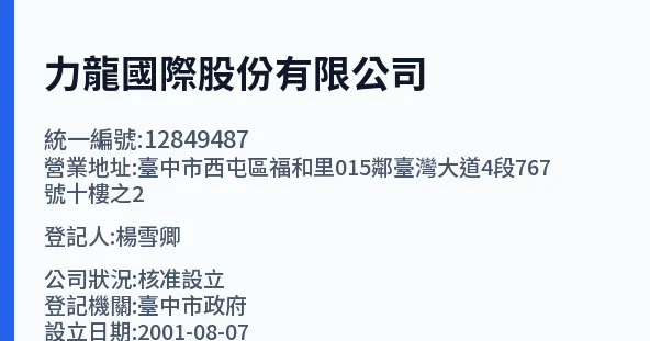 力龍國際股份有限公司的照片-統編 12849487(臺中市) 公司登記資料與營業項目詳細圖表