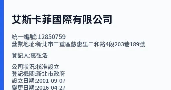 艾斯卡菲國際有限公司的照片-統編 12850759(新北市) 公司登記資料與營業項目詳細圖表