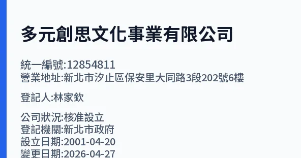 多元創思文化事業有限公司的照片-統編 12854811(新北市) 公司登記資料與營業項目詳細圖表