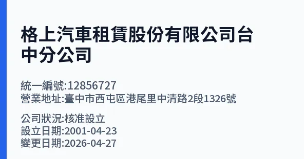 格上汽車租賃股份有限公司台中分公司的照片-統編 12856727(臺中市) 公司登記資料與營業項目詳細圖表