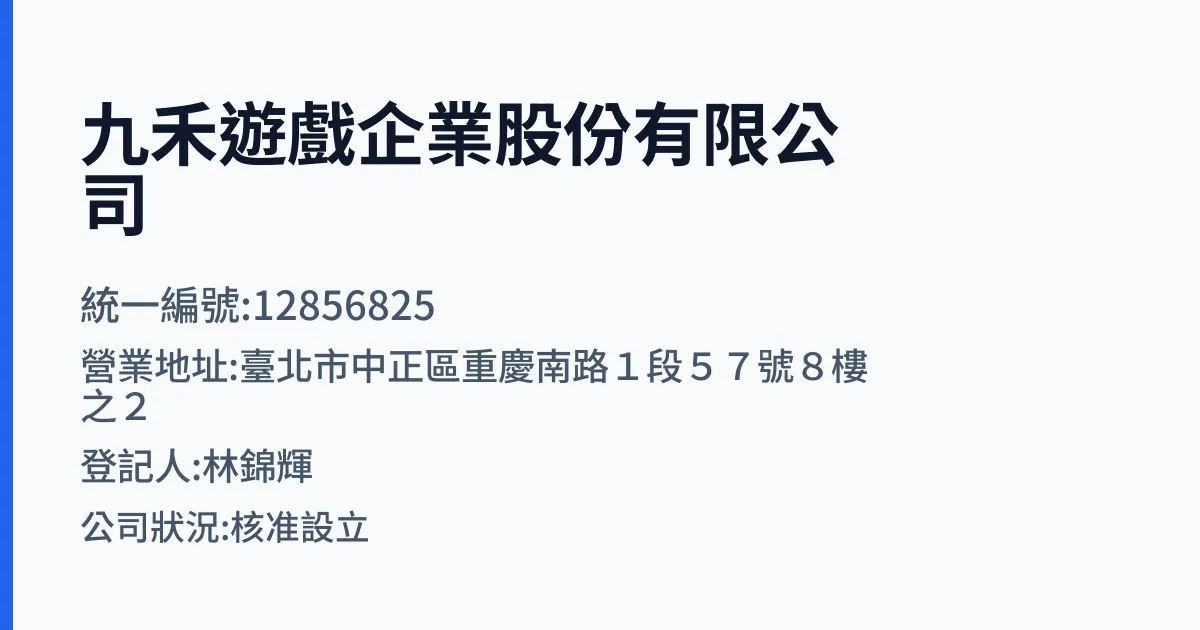 九禾遊戲企業股份有限公司 - 統編 12856825(臺北市) 公司登記資料與營業項目詳細圖表