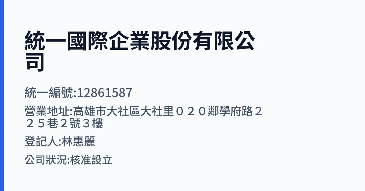 統一國際企業股份有限公司 - 統編 12861587(高雄市) 公司登記資料與營業項目詳細圖表
