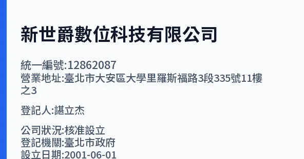 新世爵數位科技有限公司的照片-統編 12862087(臺北市) 公司登記資料與營業項目詳細圖表