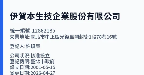 伊賀本生技企業股份有限公司的照片-統編 12862185(臺北市) 公司登記資料與營業項目詳細圖表