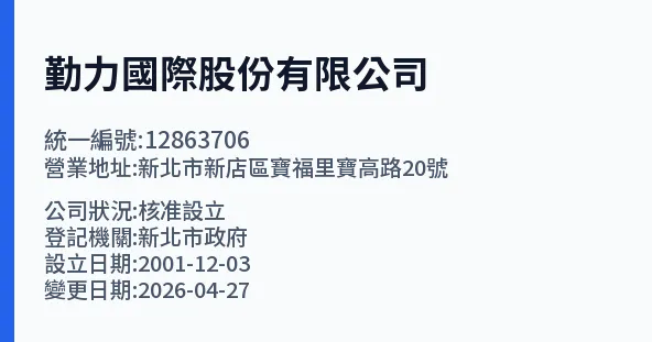 勤力國際股份有限公司的照片-統編 12863706(新北市) 公司登記資料與營業項目詳細圖表