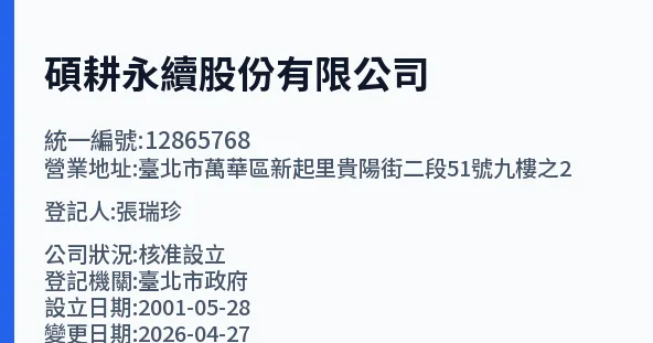 碩耕永續股份有限公司的照片-統編 12865768(臺北市) 公司登記資料與營業項目詳細圖表
