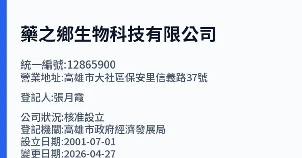藥之鄉生物科技有限公司的照片-統編 12865900(高雄市) 公司登記資料與營業項目詳細圖表