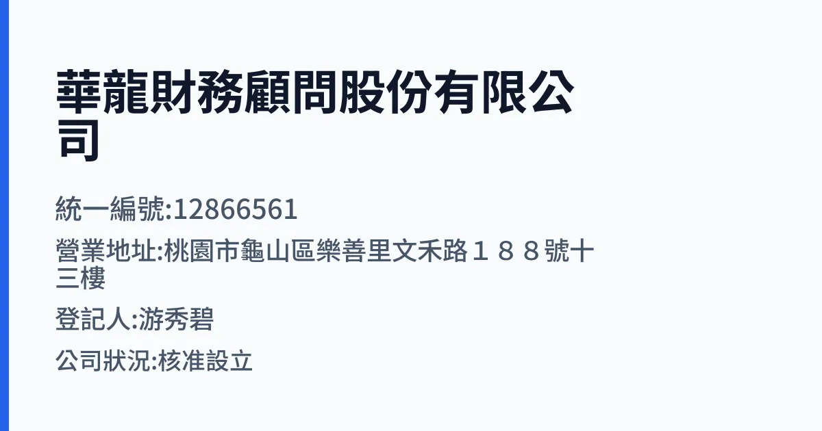 華龍財務顧問股份有限公司 - 統編 12866561(桃園市) 公司登記資料與營業項目詳細圖表