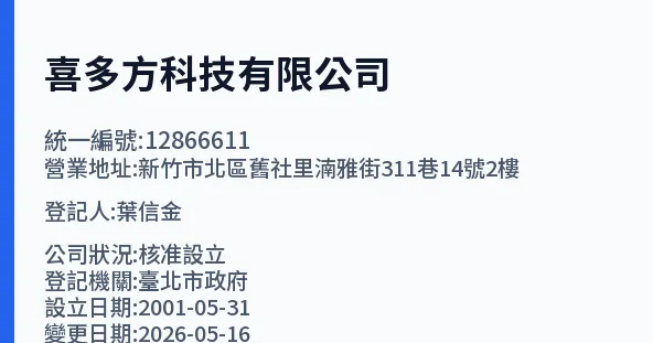 喜多方科技有限公司的照片-統編 12866611(新竹市) 公司登記資料與營業項目詳細圖表