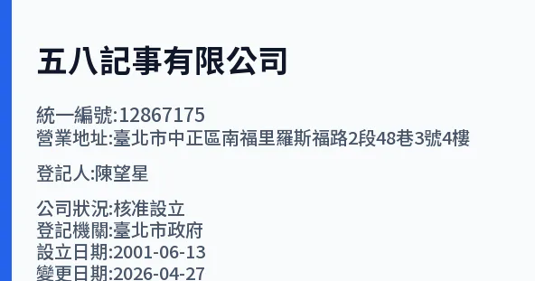 五八記事有限公司的照片-統編 12867175(臺北市) 公司登記資料與營業項目詳細圖表