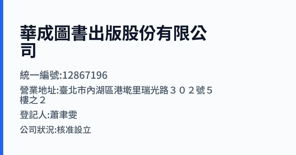 華成圖書出版股份有限公司 - 統編 12867196(臺北市) 公司登記資料與營業項目詳細圖表