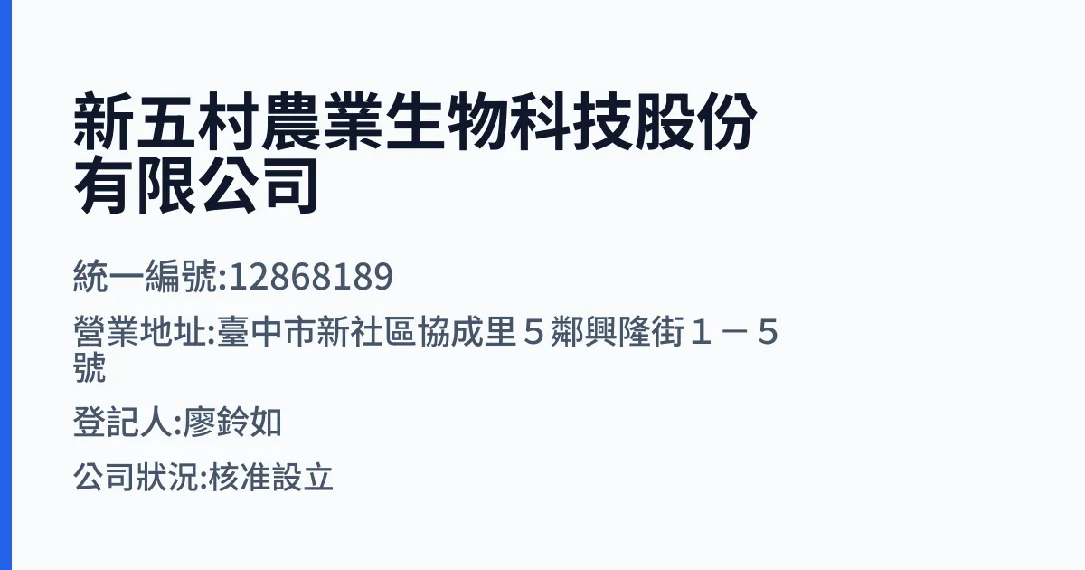 新五村農業生物科技股份有限公司 - 統編 12868189(臺中市) 公司登記資料與營業項目詳細圖表