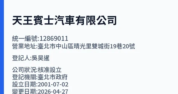 天王賓士汽車有限公司的照片-統編 12869011(臺北市) 公司登記資料與營業項目詳細圖表