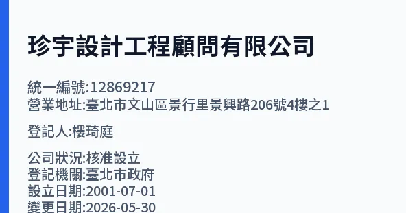 珍宇設計工程顧問有限公司的照片-統編 12869217(臺北市) 公司登記資料與營業項目詳細圖表