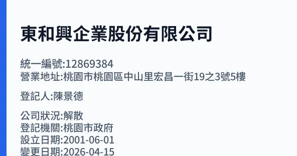 東和興企業股份有限公司的照片-統編 12869384(桃園市) 公司登記資料與營業項目詳細圖表