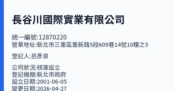 長谷川國際實業有限公司的照片-統編 12870220(新北市) 公司登記資料與營業項目詳細圖表