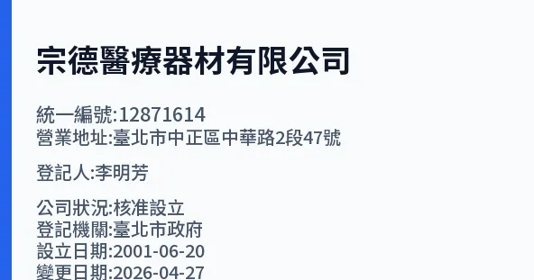 宗德醫療器材有限公司的照片-統編 12871614(臺北市) 公司登記資料與營業項目詳細圖表