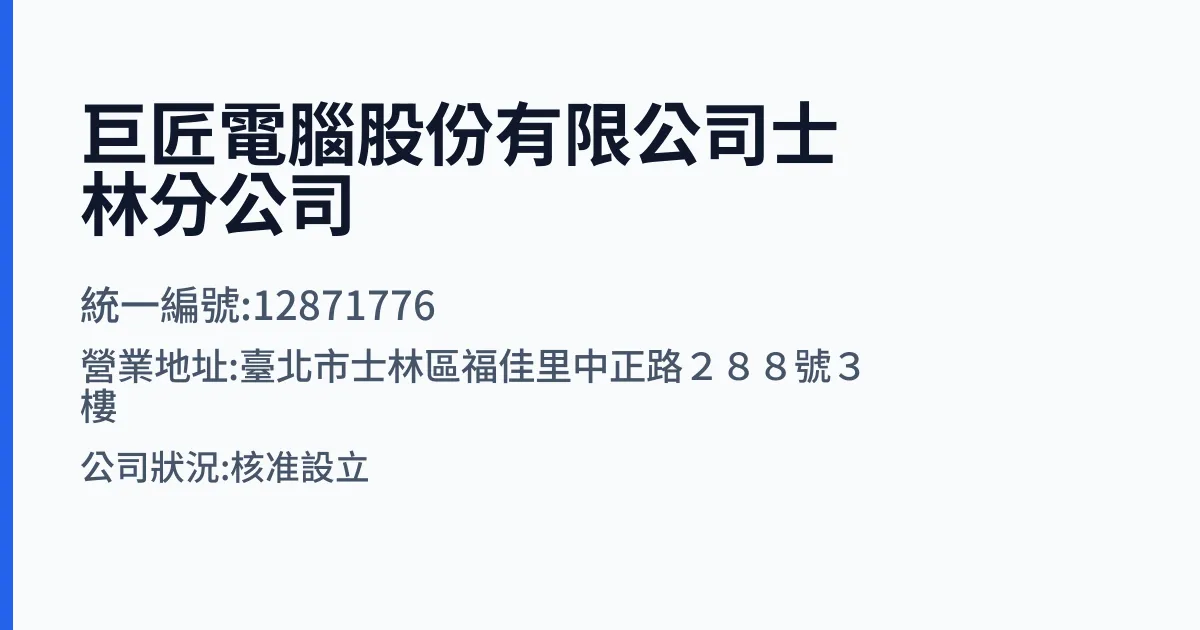 巨匠電腦股份有限公司士林分公司 - 統編 12871776（臺北市） 公司登記資料與營業項目詳細圖表