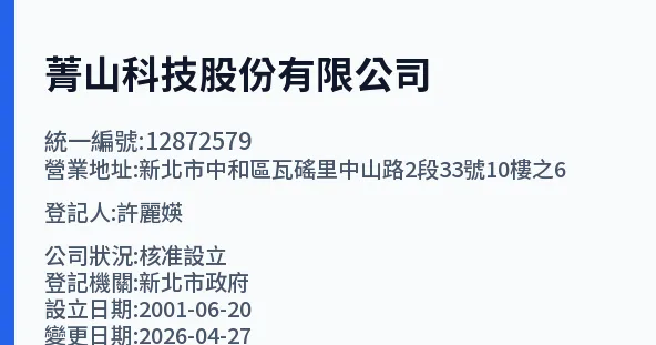 菁山科技股份有限公司的照片-統編 12872579(新北市) 公司登記資料與營業項目詳細圖表