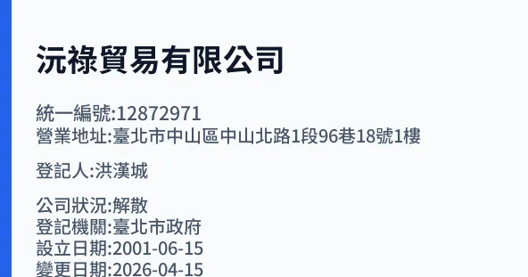 沅祿貿易有限公司的照片-統編 12872971(臺北市) 公司登記資料與營業項目詳細圖表