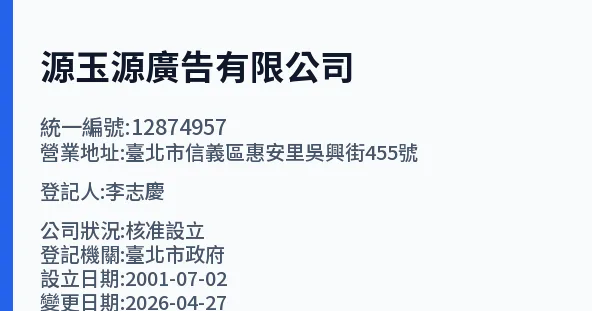 源玉源廣告有限公司的照片-統編 12874957(臺北市) 公司登記資料與營業項目詳細圖表