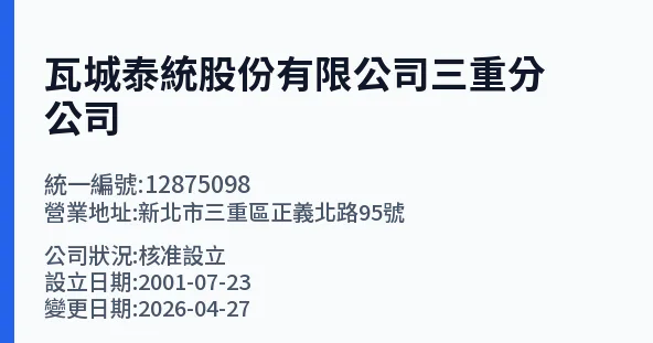 瓦城泰統股份有限公司三重分公司的照片-統編 12875098(新北市) 公司登記資料與營業項目詳細圖表