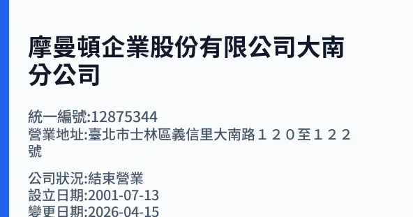 摩曼頓企業股份有限公司大南分公司的照片-統編 12875344(臺北市) 公司登記資料與營業項目詳細圖表