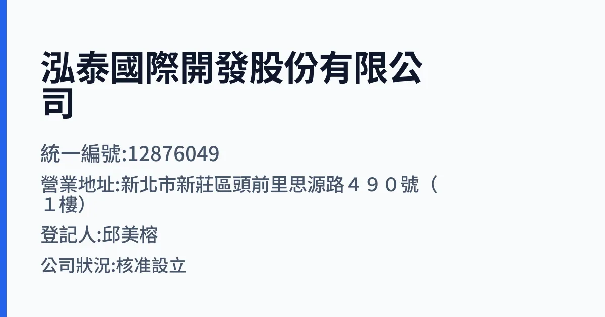 泓泰國際開發股份有限公司 - 統編 12876049(新北市) 公司登記資料與營業項目詳細圖表